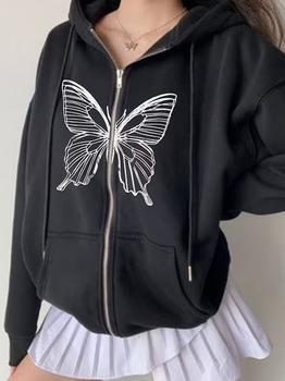 Emmiol Free shipping 2025 Vintage Butterfly Print Zip Up Oversized ...