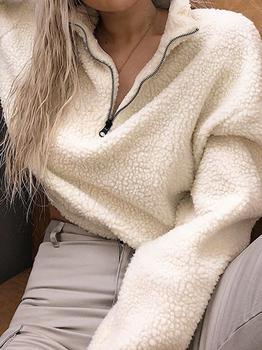 Emmiol Free shipping 2025 Solid Half Zip Fuzzy Short Sweatshirt White M ...