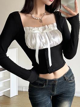 Emmiol Free shipping 2025 Splice Bow Square Neck Fake Two Piece Long ...