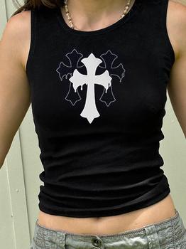 Emmiol Free shipping 2026 Vintage Cross Print Ribbed Tank Top Black XL ...