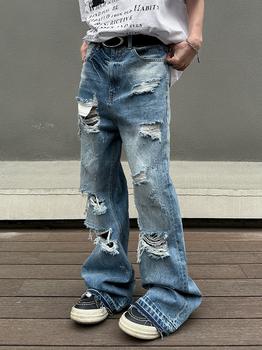 Emmiol Free shipping 2025 Men's Ripped Flared Jeans Blue XL in Straight ...