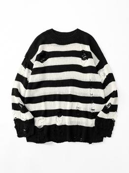 Emmiol Free shipping 2026 Men's Striped Pullover Distressed Sweater ...