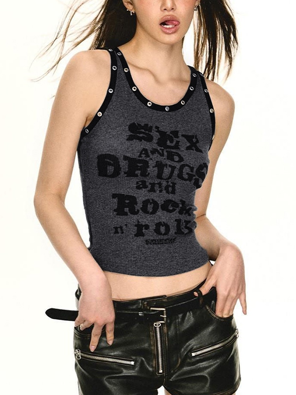 Emmiol Free shipping 2025 Letter Print Metal Eyelet Tank Top Dark Gray ...