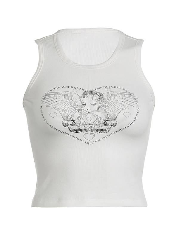 Emmiol Free shipping 2025 Love Angel Print White Short Tank Top White S ...