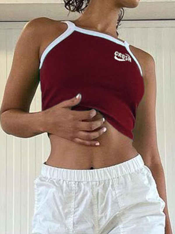 Emmiol Free shipping 2024 Contrast Color Letter Print Crop Cami Top Red ...