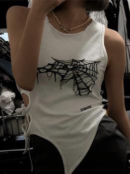 Emmiol Free shipping 2026 Spider Web Print Cutout Lace Up Tank Top ...