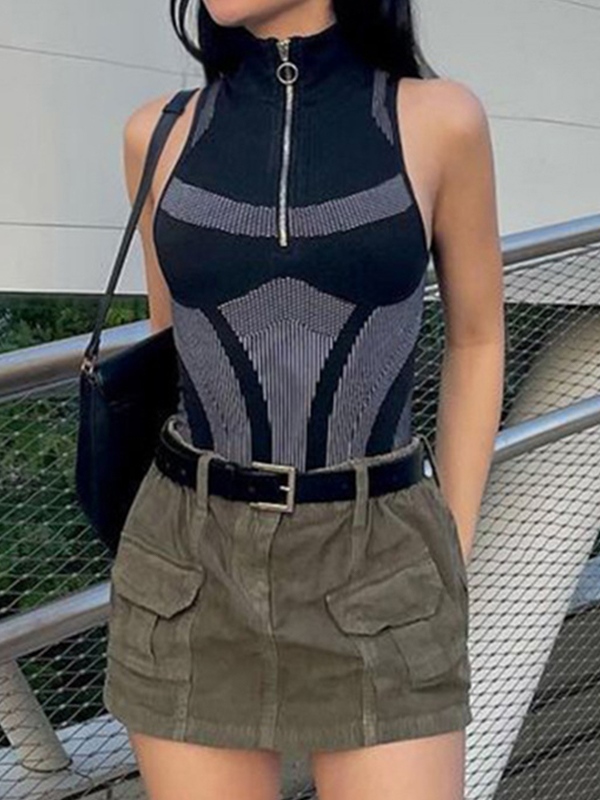 Emmiol Free shipping 2025 Contrast Color High Neck Zipper Patchwork ...