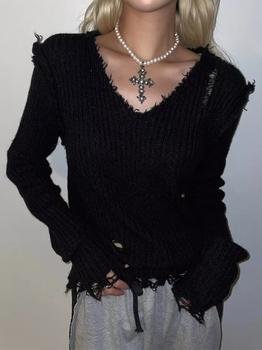 Emmiol Free shipping 2026 Ribbed Tattered V Neck Sweater Black M in ...