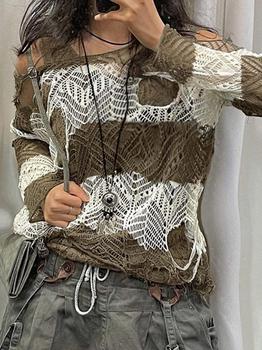Emmiol Free shipping 2025 Tattered Stripe Splice Baggy Crochet Top ...