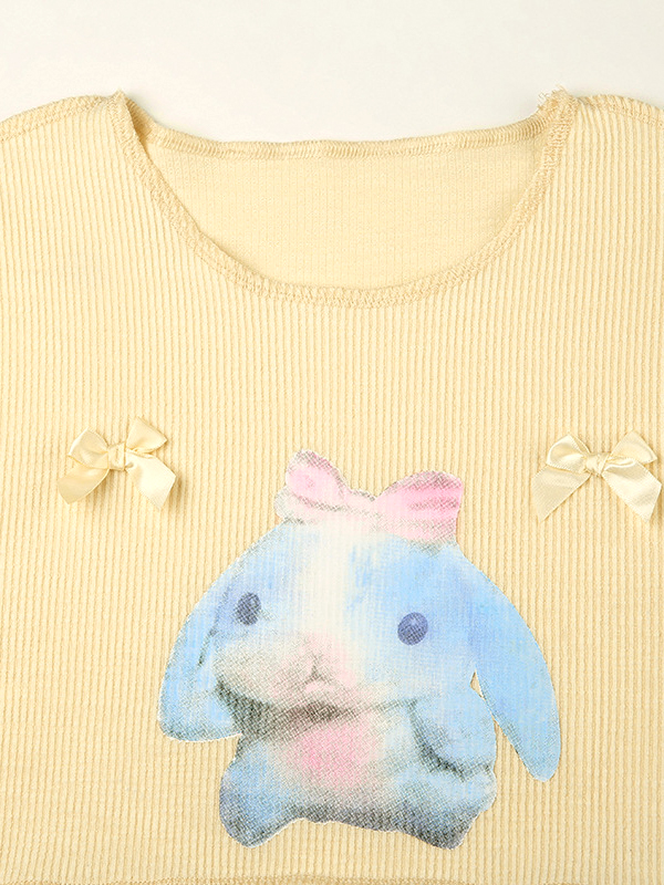 Emmiol Free shipping 2025 Ribbed Rabbit Print Splice Bow Decor Long ...