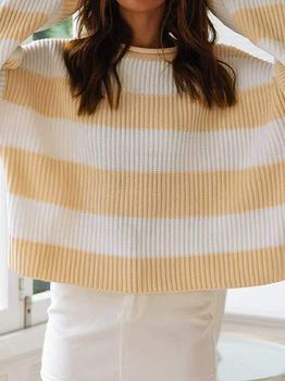 Emmiol Free shipping 2025 Casual Rib Stripe Baggy Knit Sweater Yellow L ...