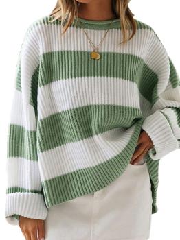 Emmiol Free shipping 2025 Casual Rib Stripe Baggy Knit Sweater Green XL ...