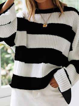 Emmiol Free shipping 2025 Casual Rib Stripe Baggy Knit Sweater Black S ...