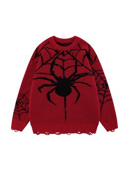Emmiol Free shipping 2025 Contrast Color Spider Jacquard Sweater Red M ...