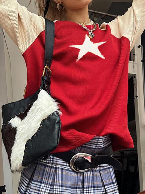 Emmiol Free shipping 2024 Star Print Contrast Color Patchwork Jacket ...