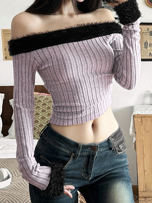 Emmiol Free shipping 2025 Fuzzy Trim Off Shoulder Cropped Long Sleeve ...