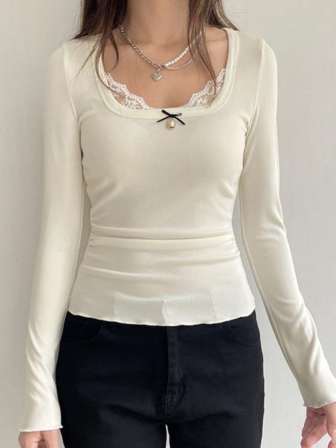 Emmiol Free shipping 2024 Lace Splice Tie Front Square Neck Long Sleeve ...
