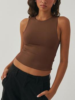 Emmiol Free shipping 2025 Solid Crew Neck Cropped Tank Top Coffee M in ...