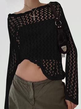 Emmiol Free shipping 2026 Hollow Out Crochet Long Sleeve Knit Top Black ...