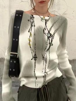 Emmiol Free shipping 2025 Knit Chain Print Ombre Slim Sweater Khaki S ...
